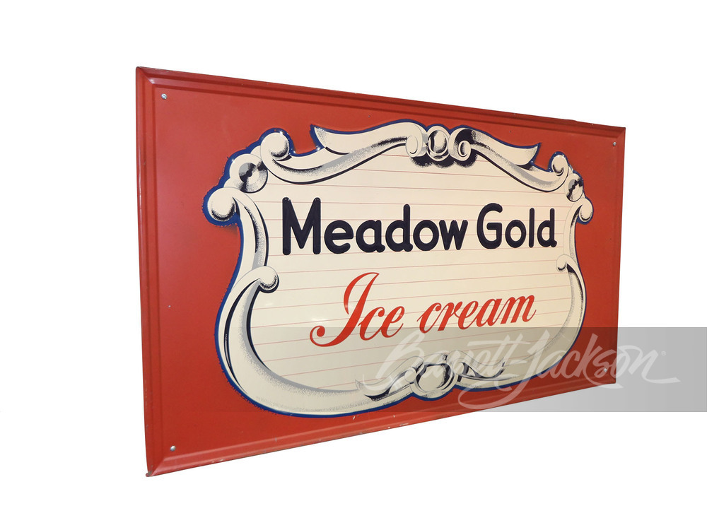 NICE 1950S MEADOW GOLD ICE CREAM TIN SIGN - Front 3/4 - 245492