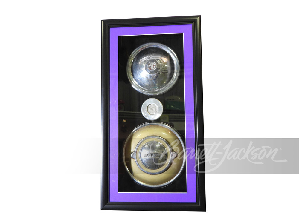 FRAMED DISPLAY OF THREE VINTAGE EUROPEAN HUBCAPS - Front 3/4 - 246595