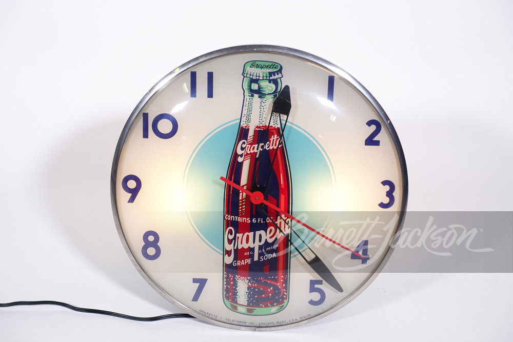 EARLY 1950S GRAPETTE SODA GLASS-FACED LIGHT-UP CLOCK