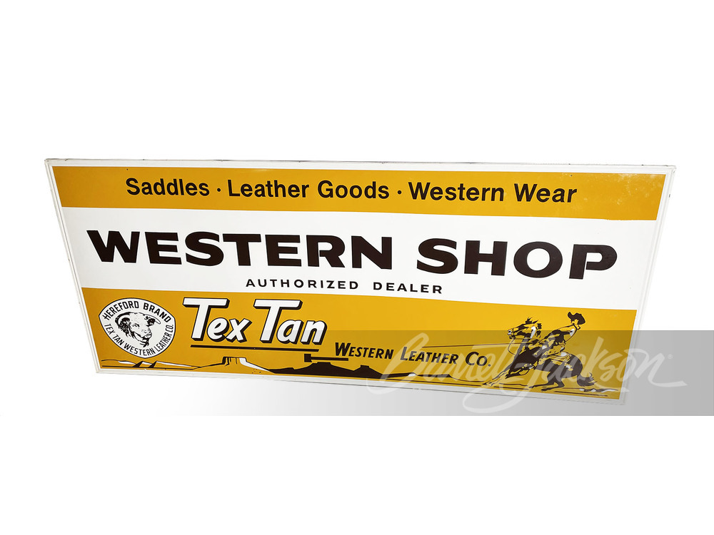 NOS 1960S TEX TAN TIN SIGN - Front 3/4 - 252289