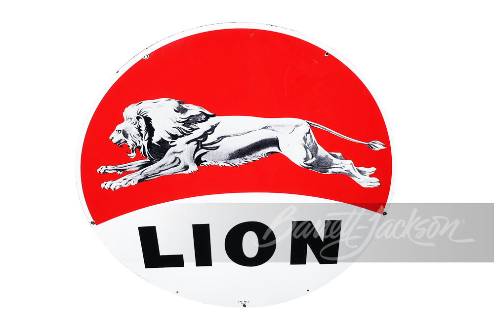 1960 LION GASOLINE PORCELAIN SIGN - Front 3/4 - 254297