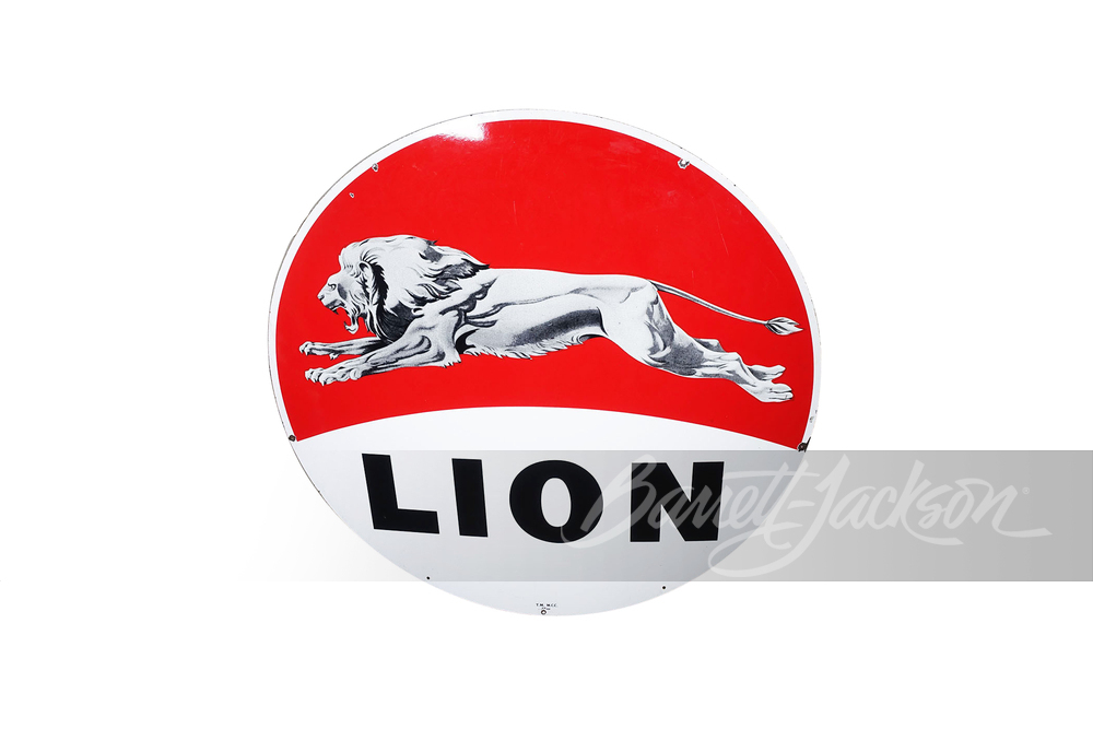 1960 LION GASOLINE PORCELAIN SIGN - Rear 3/4 - 254297