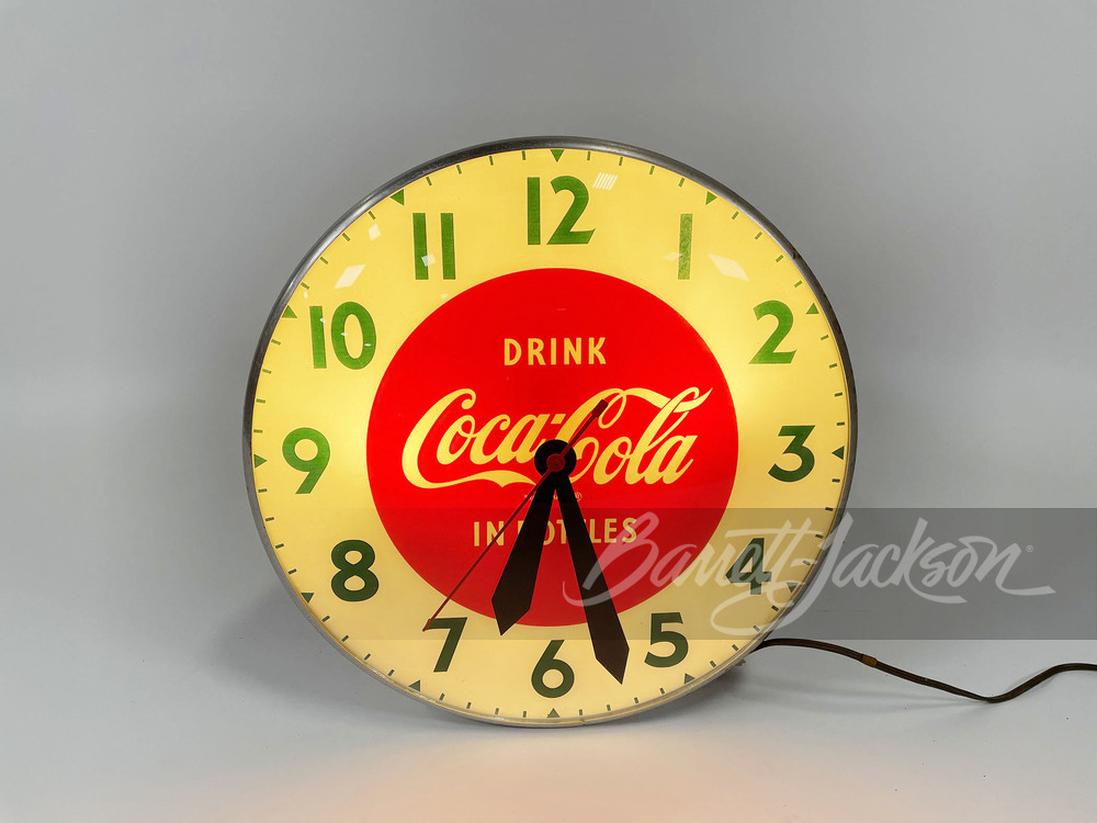 1950S COCA-COLA GLASS-FACED LIGHT-UP CLOCK - Front 3/4 - 260785