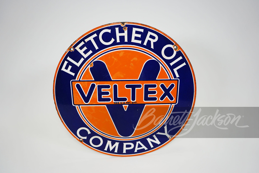 CIRCA 1930S FLETCHER OIL COMPANY VELTEX GASOLINE PORCELAIN SI