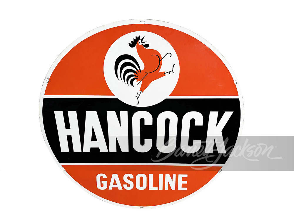 CIRCA 1950S HANCOCK GASOLINE PORCELAIN SIGN - Rear 3/4 - 272370