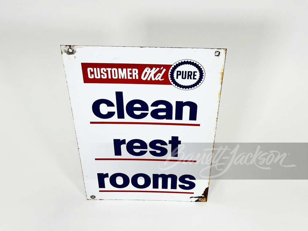 1950S PURE OIL 'CLEAN REST ROOMS' PORCELAIN SIGN