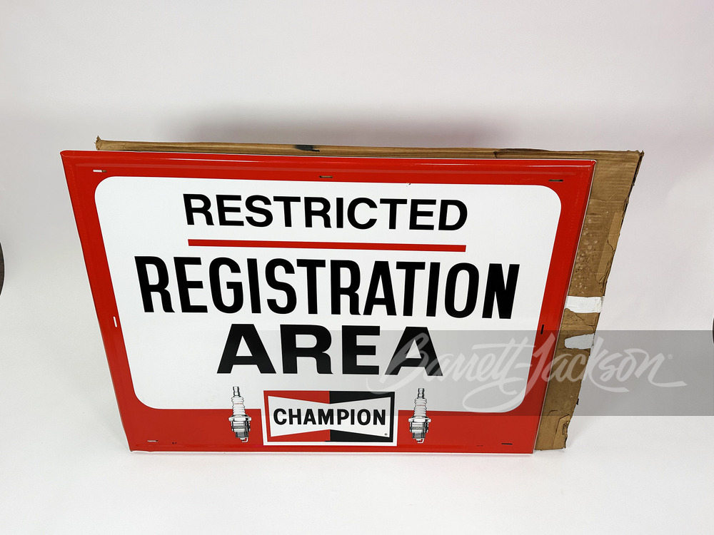 VINTAGE CHAMPION SPARK PLUGS REGISTRATION AREA TIN SIGN