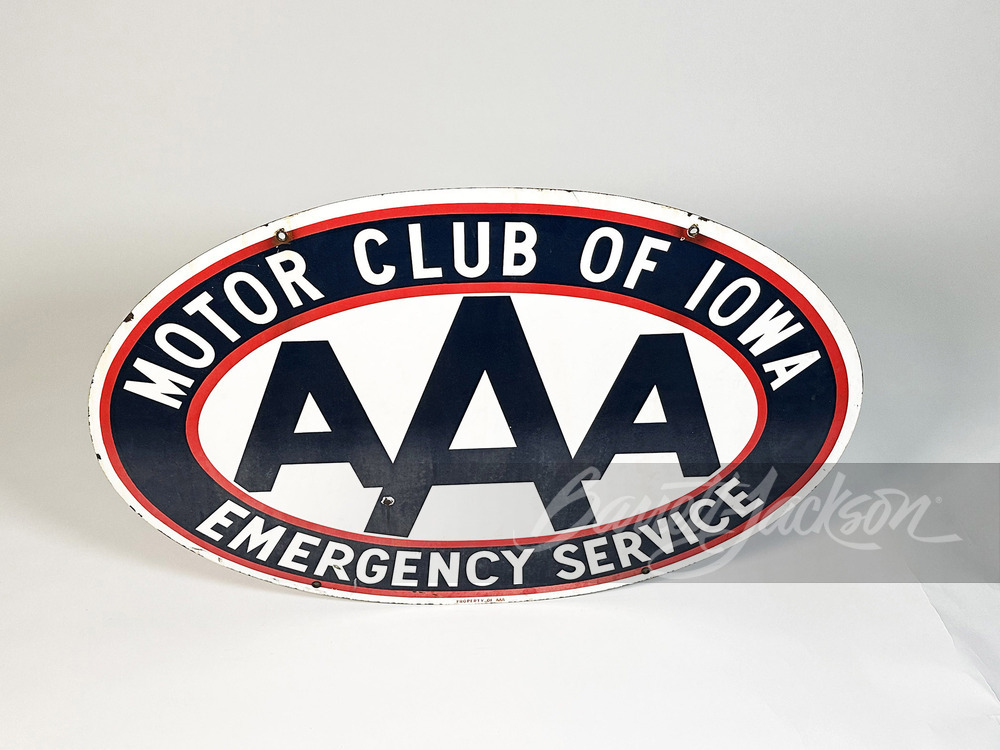 CIRCA 1960S AAA MOTOR CLUB OF IOWA PORCELAIN SIGN - Front 3/4 - 274511