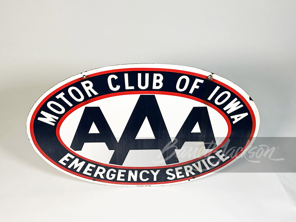 CIRCA 1960S AAA MOTOR CLUB OF IOWA PORCELAIN SIGN - Rear 3/4 - 274511