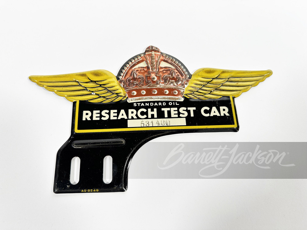 1930S STANDARD OIL RESEARCH TEST CAR TIN LICENSE PLATE ATTACH