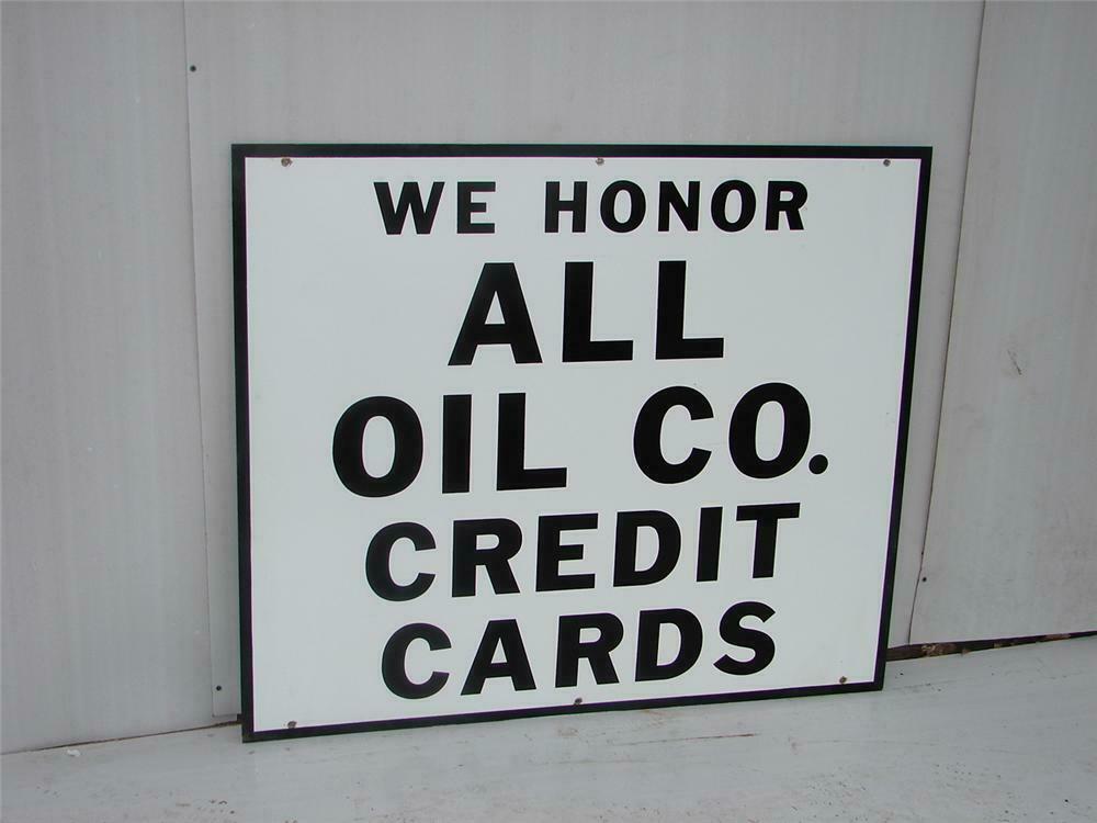 1950s We Honor All Credit Cards porcelain station sign.
