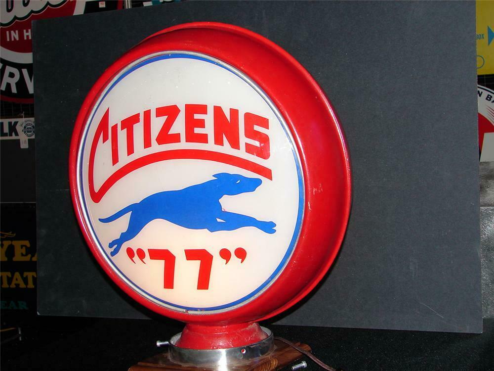 Rare 1930s Citizens 77 gas pump globe with Greyhound dog logo