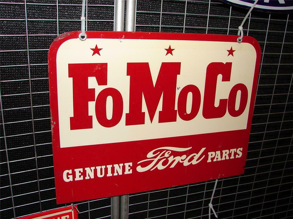 Late 50s Ford FoMoCo double-sided tin garage sign.