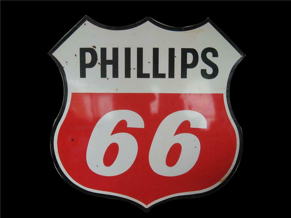 Large 1960s Phillips 66 double-sided porcelain shield shaped