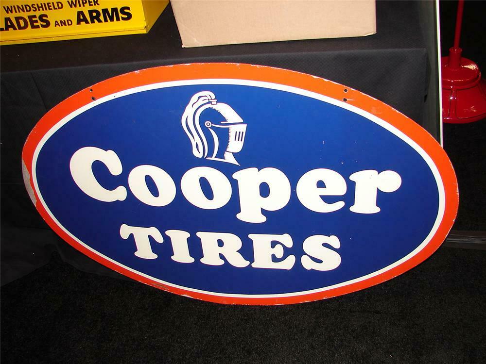 Scarce 1940s-50s Cooper Tires double-sided tin garage sign.