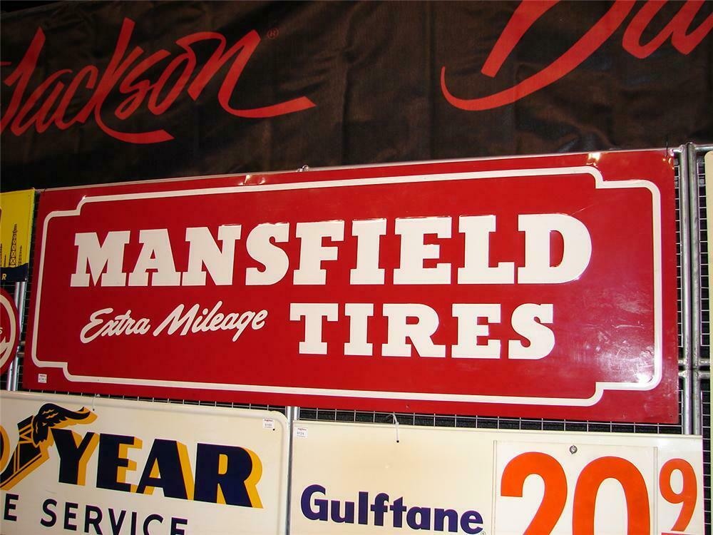 Near perfect N.O.S. Mansfield Tires embossed tin garage sign. - Front 3 ...
