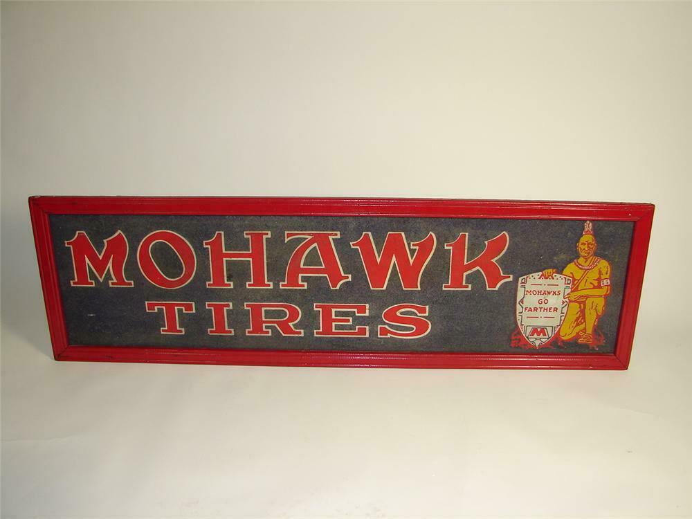 Museum quality 1920s Mohawk Tires horizontal tin garage sign