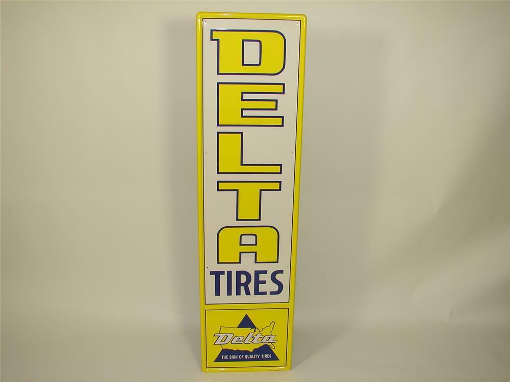 N.O.S. 1960s Delta Tires tin painted vertical garage sign.