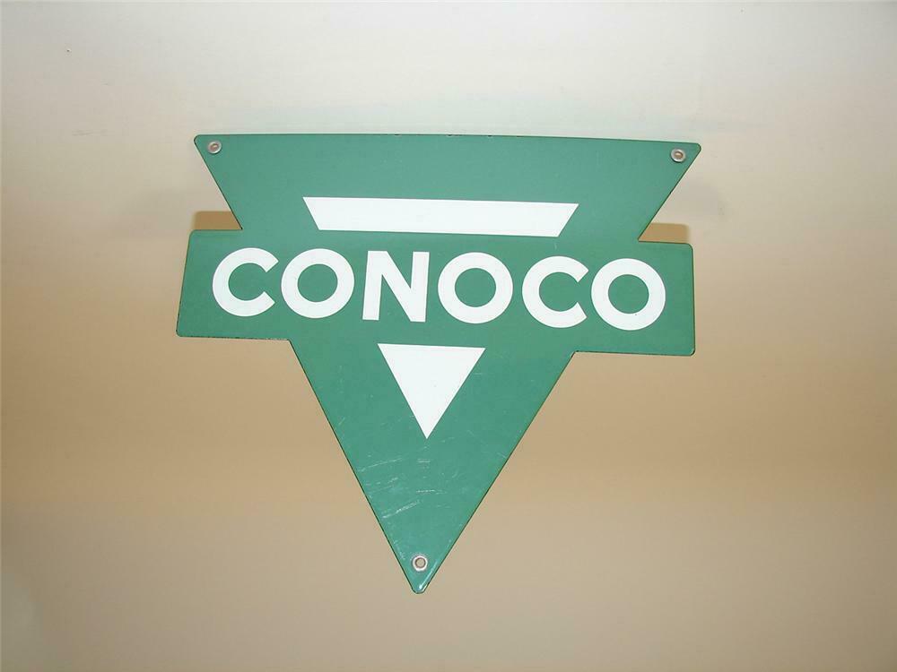 N.O.S. 1950s Conoco Gasoline die-cut porcelain pump plate sig