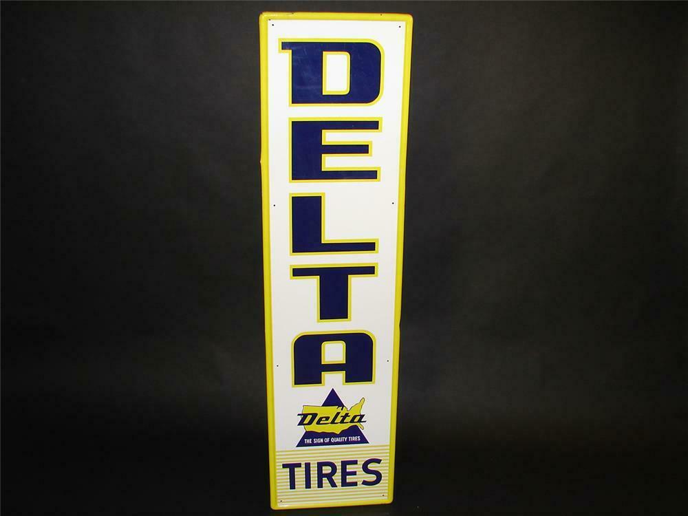 N.O.S. 1960s Delta Tires single-sided tin vertical embossed g