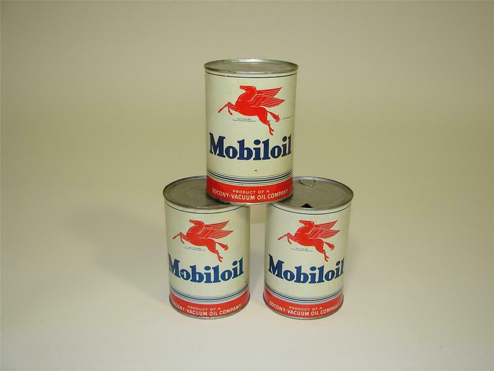 Lot of three 1940s Mobil Oil metal quart cans