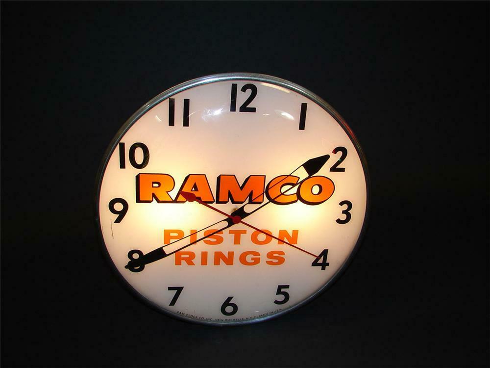 1950s Ramco Piston Rings glass faced light-up station clock.