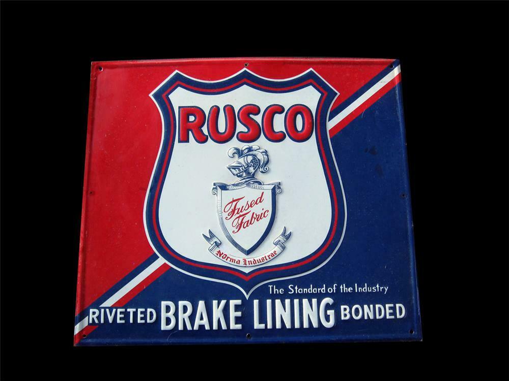 1950s Rusco Brake Lining single-sided tin embossed garage sig