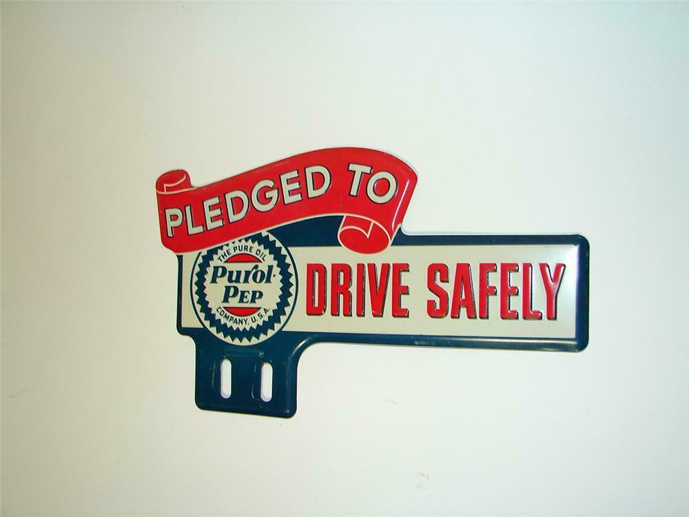 N.O.S. 1930s Purol-Pep Gasoline 'Drive Safely' license plate