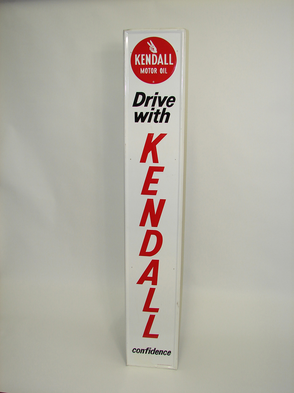 1960s Kendall Motor Oil vertical tin painted garage sign. - Front 3/4 ...
