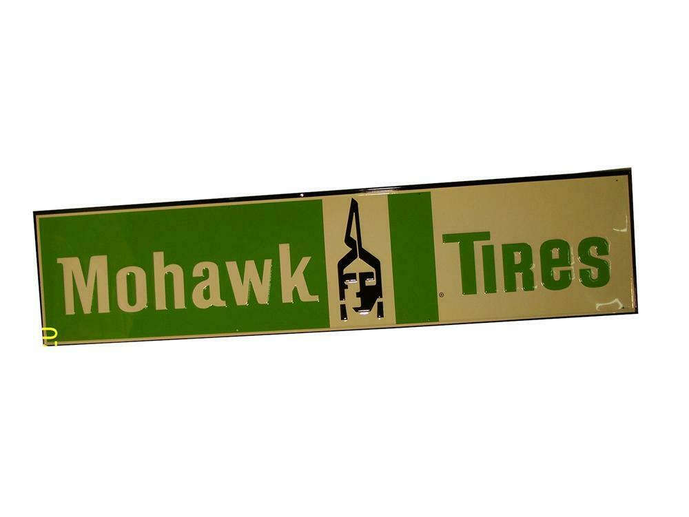 Uncommon N.O.S. 1960s Mohawk Tires horizontal tin garage sign